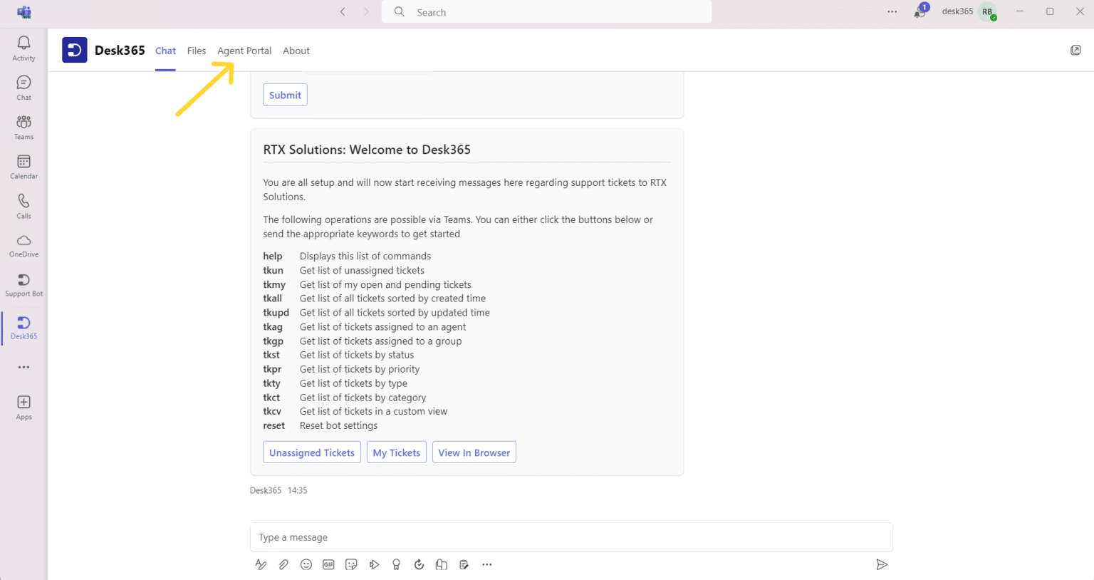 Access the Agent Portal within Desk365's Agent Bot