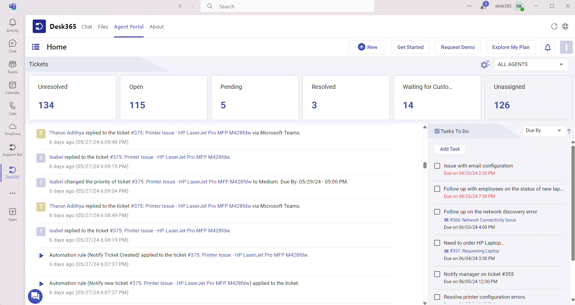 Access the Agent Portal within Desk365's Agent Bot